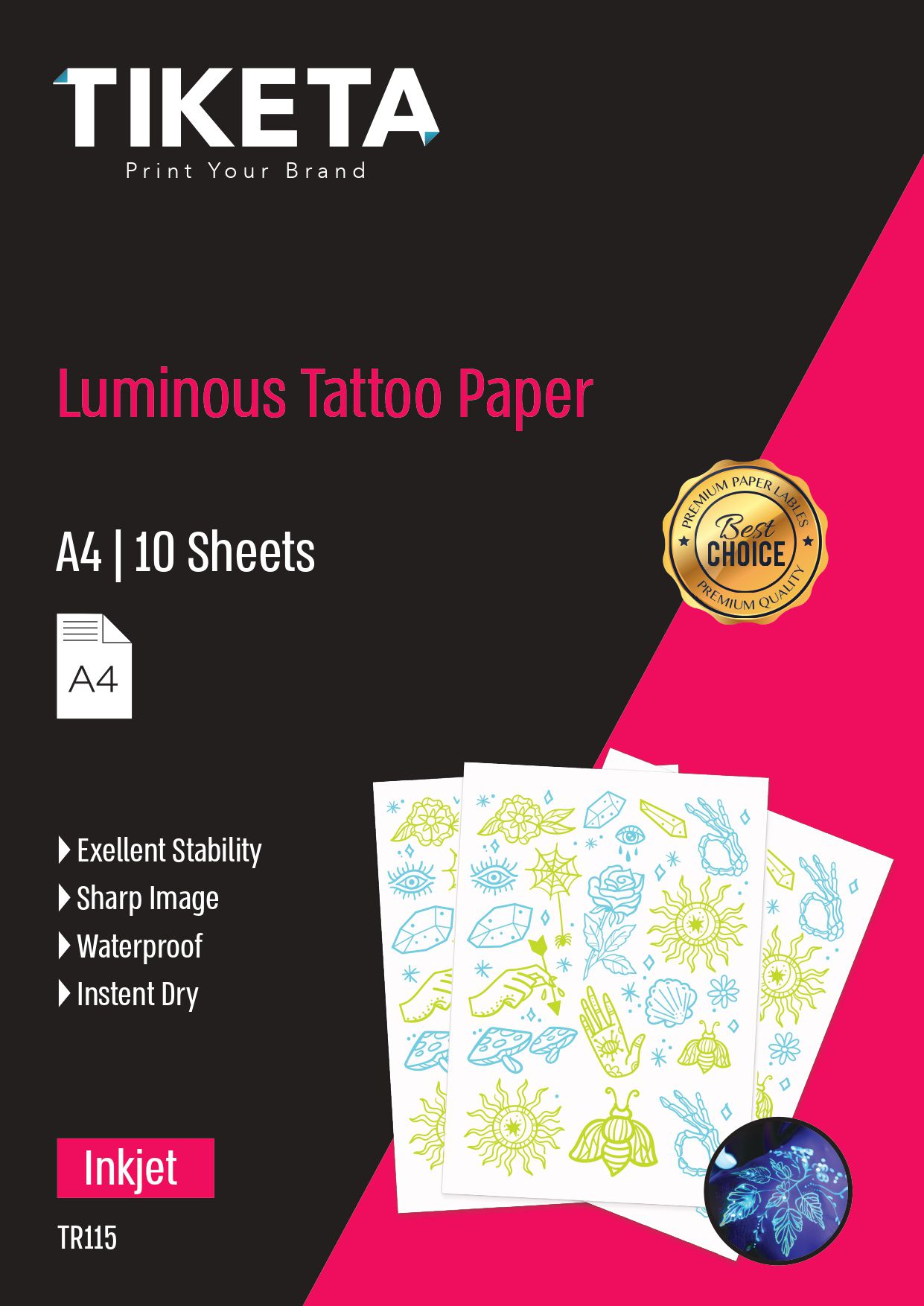 מדבקת קעקועים זוהרות בחושך להדפסה A4 | מדבקות TIKETA | מדבקות מיוחדות